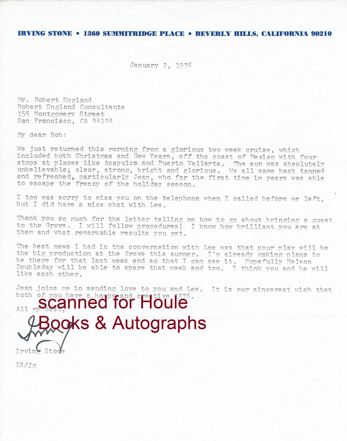 Typed Letter Signed de Stone, Irving: (1976) Signed by Author(s ...