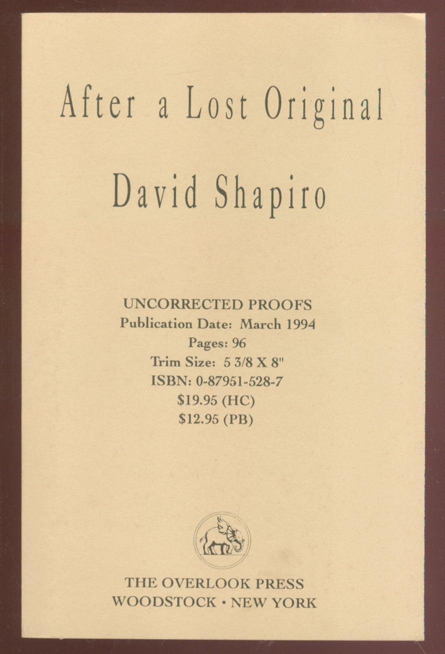 After A Lost Original by SHAPIRO, David: Fine Softcover (1994 ...