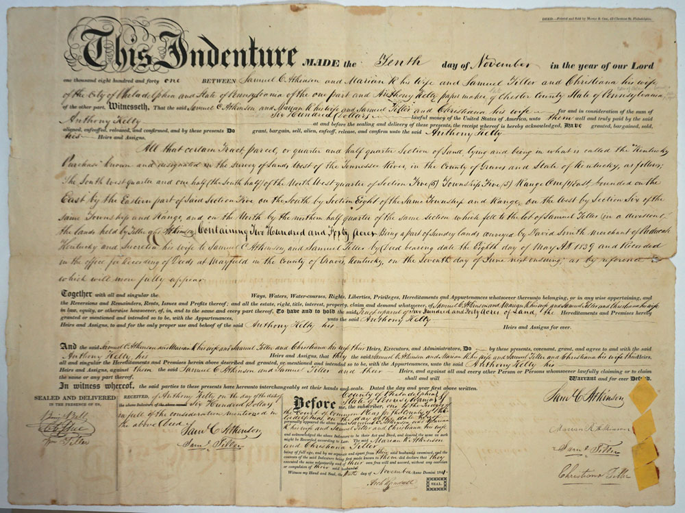1841 Land Deed for Kentucky parcel signed by Samuel C. Atkinson, co ...
