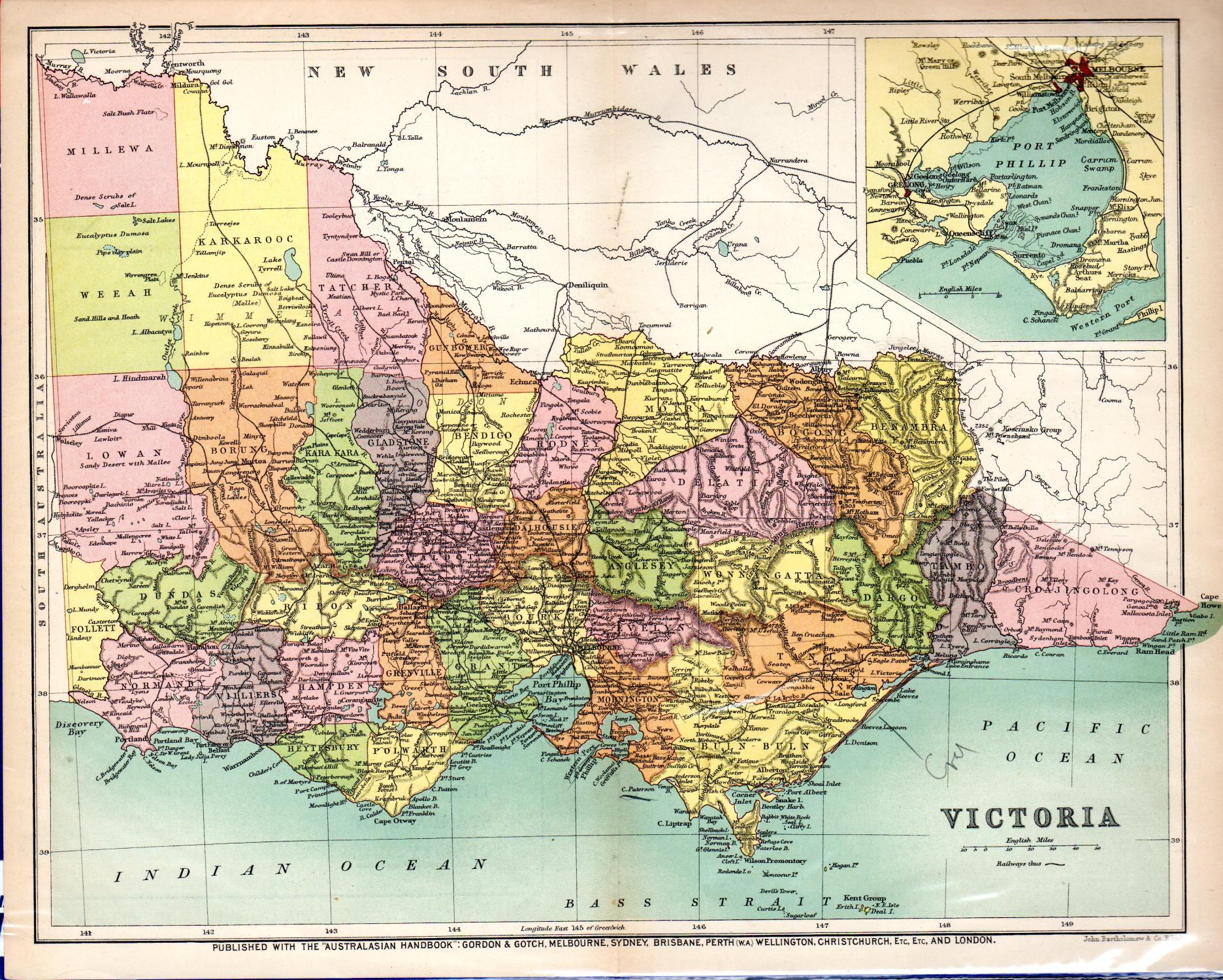 MAP: 'Victoria'.from the Australian Handbook, 1906 by John Bartholomew ...