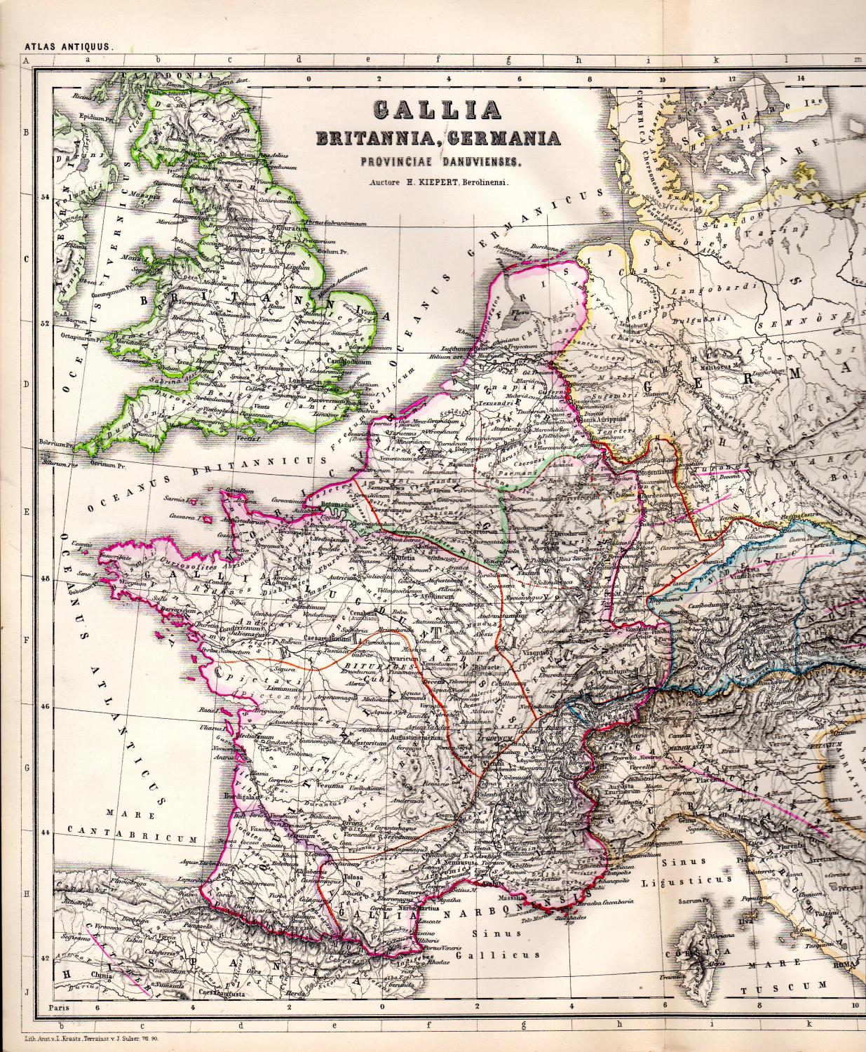 MAP: 'Gallia Britannia, Germania' .handcolored map from Atlas Antiquus ...