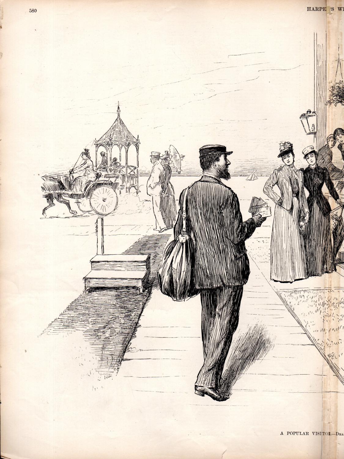 ENGRAVING: "'A Popular Visitor". engraving of postman arriving. from ...