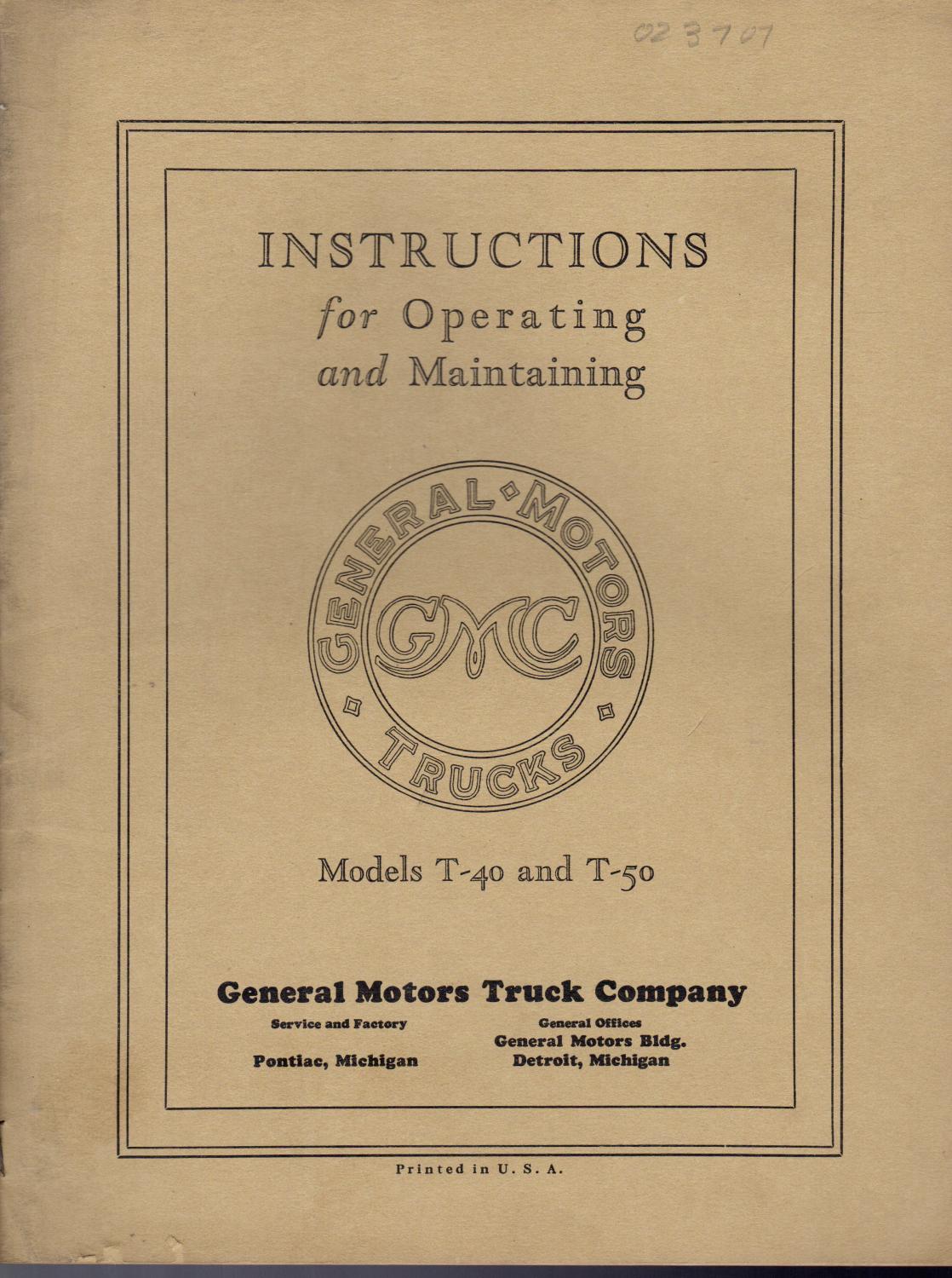 Instructions for Operating Models T-40 and T-50 by General Motors Truck ...