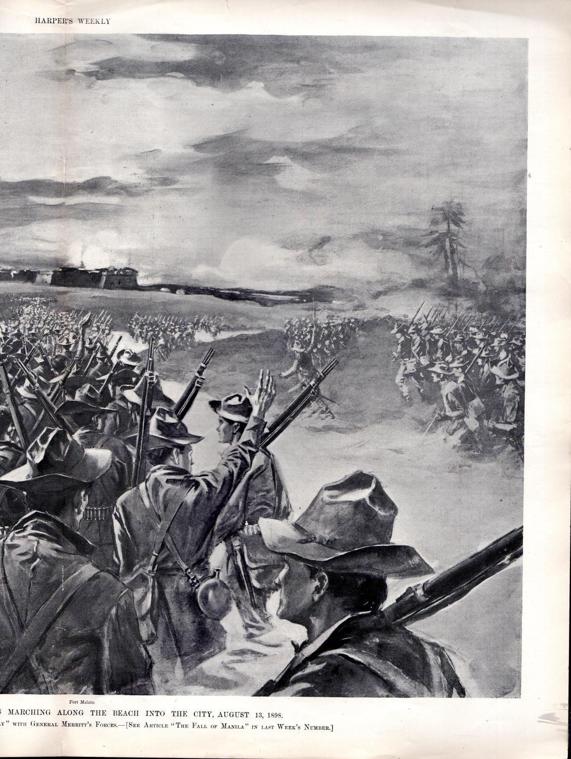 ENGRAVING: 'The Fall of Manila-Our Troops Marching Along the Beach ...