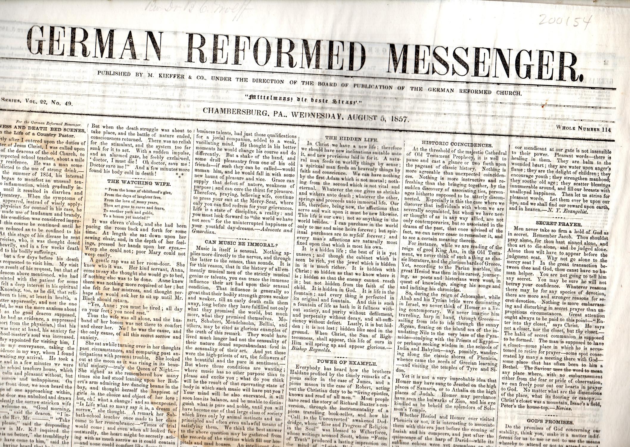 German Reformed Messenger Newspaper;Wednesday, August 5, 1857 by ...