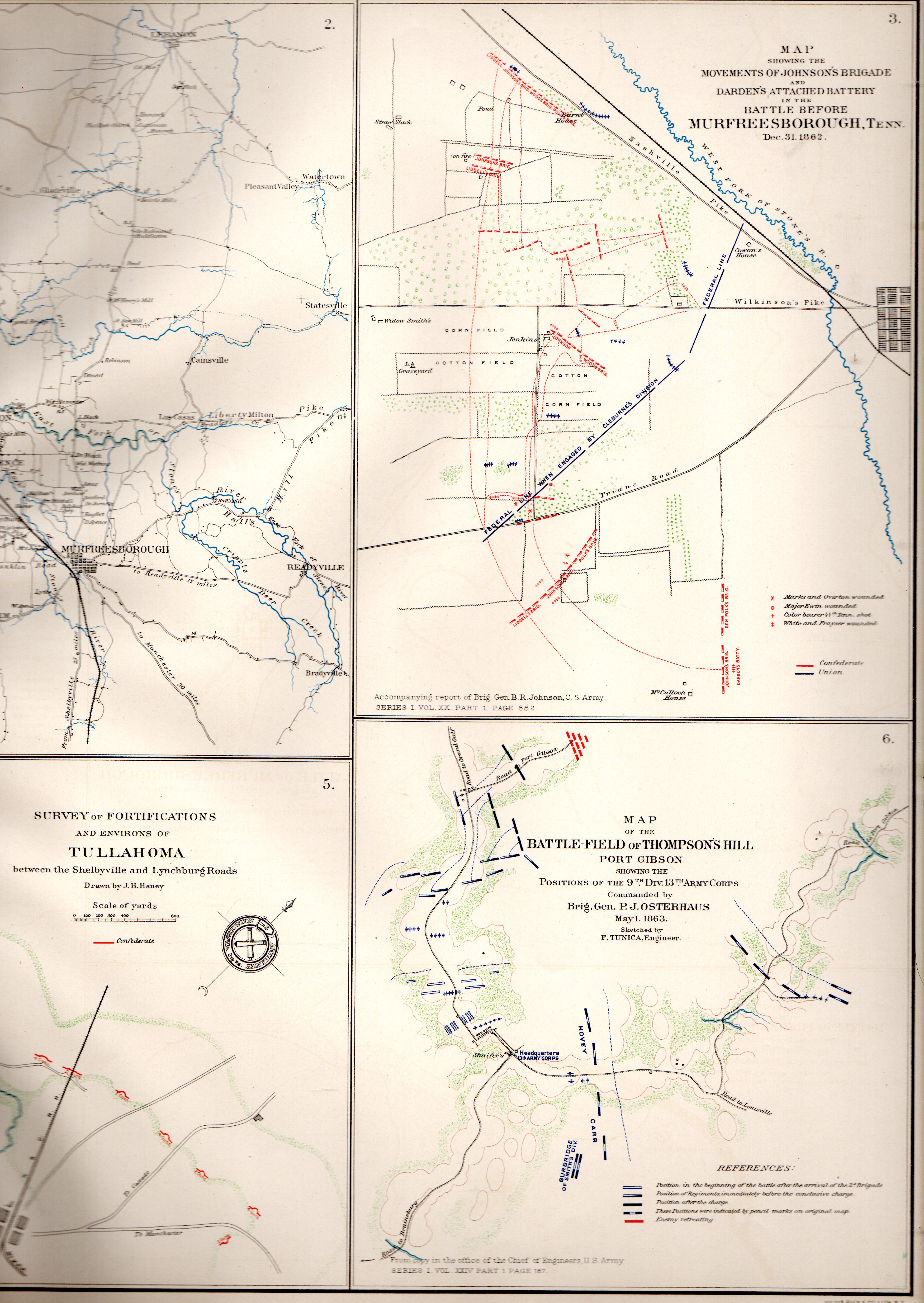 MAP: 6 Section Map, Including Battle of Murfreesborough, Battle of ...