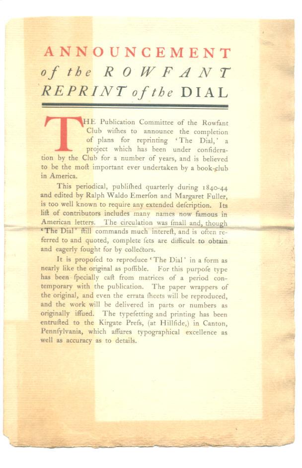 Announcement of the Rowfant Reprint of the Dial. by Rowfant Club: Good ...
