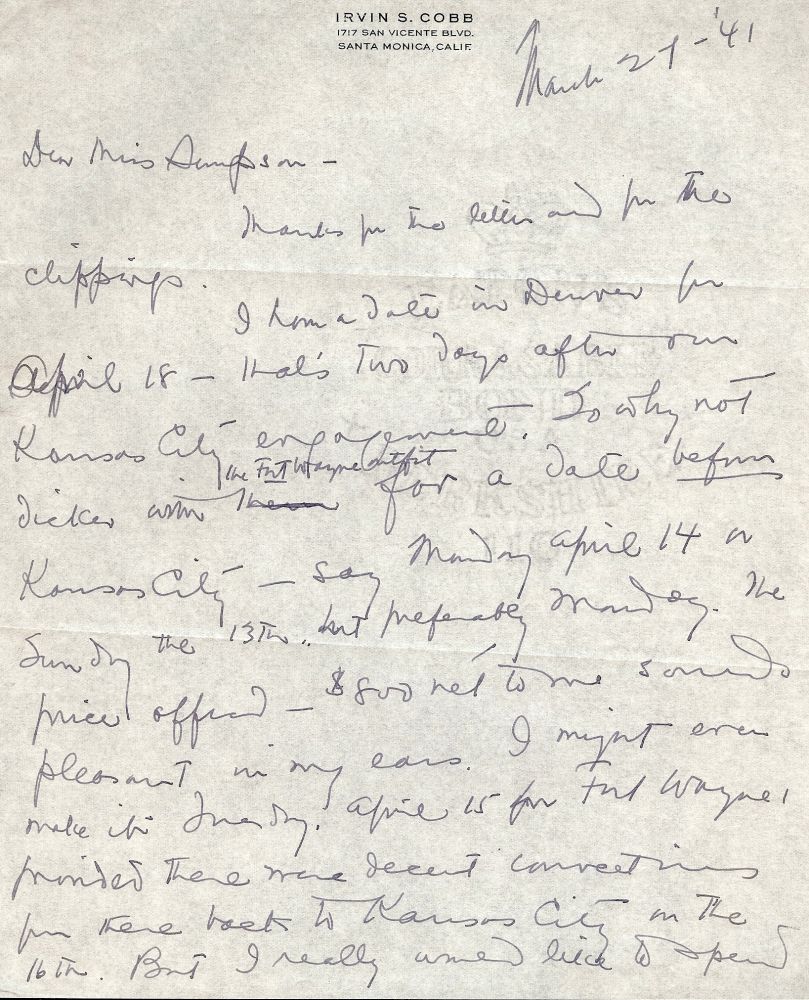 Autograph Letter Signed von COBB, Irvin S.: (1941) Signed by Author(s ...