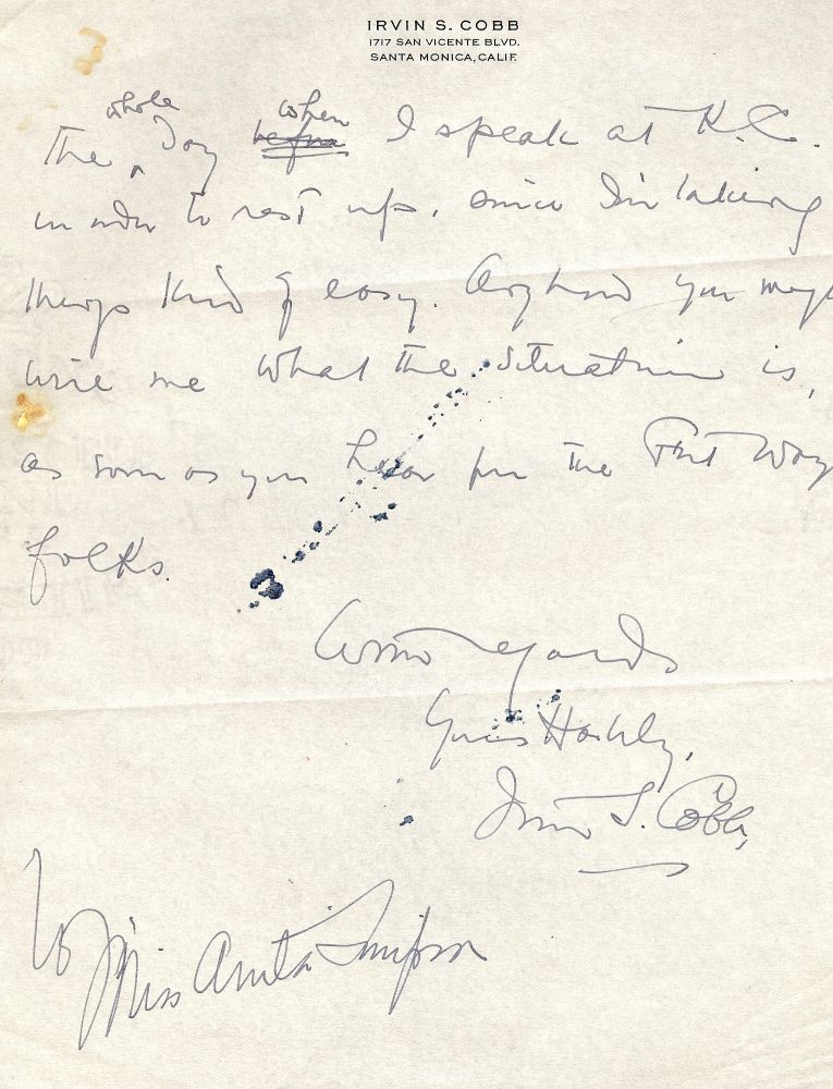 Autograph Letter Signed von COBB, Irvin S.: (1941) Signed by Author(s ...