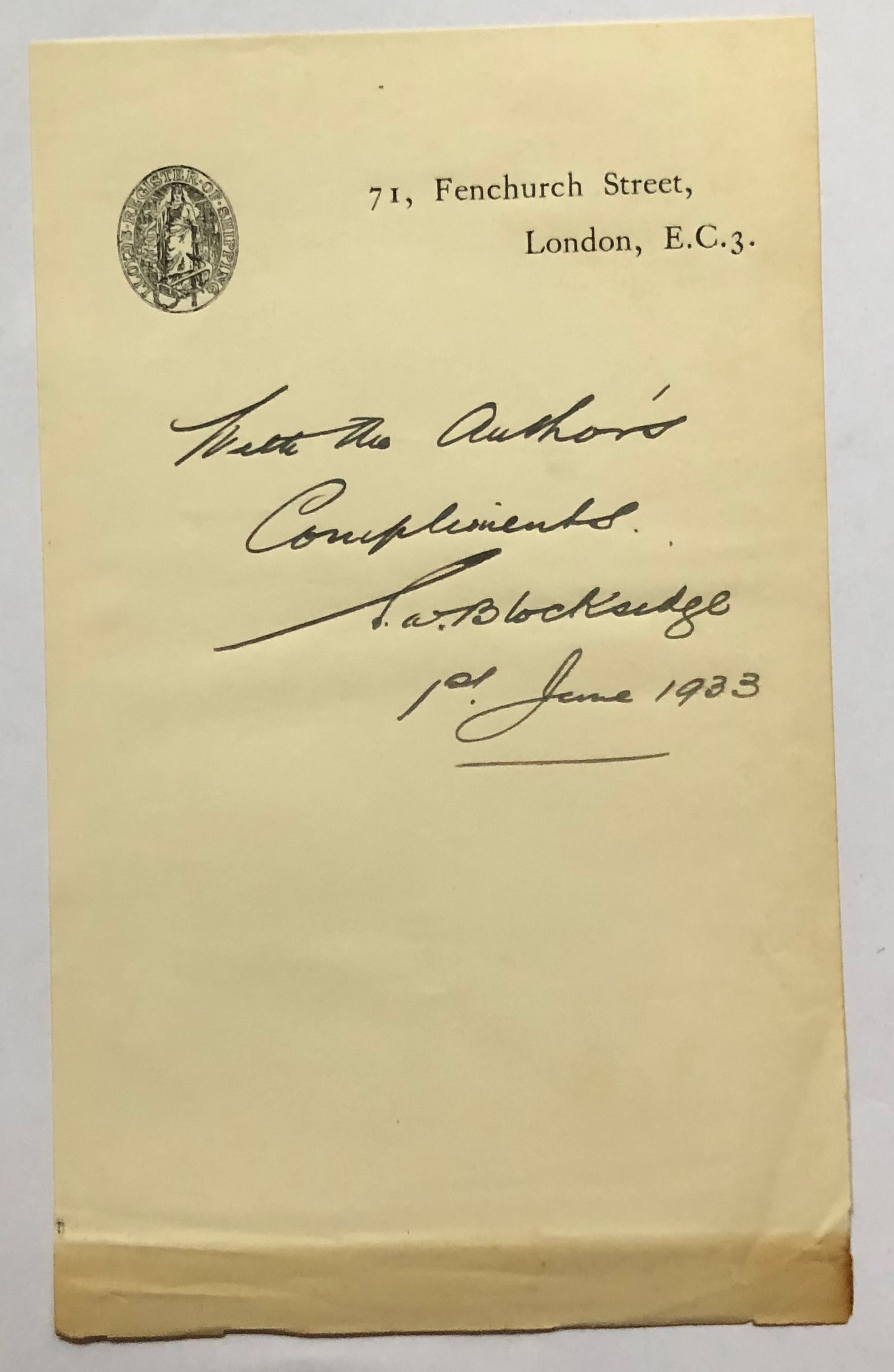 Merchant Ships And Shipping HAND WRITTEN DEDICATION LETTER FROM AUTHOR ...