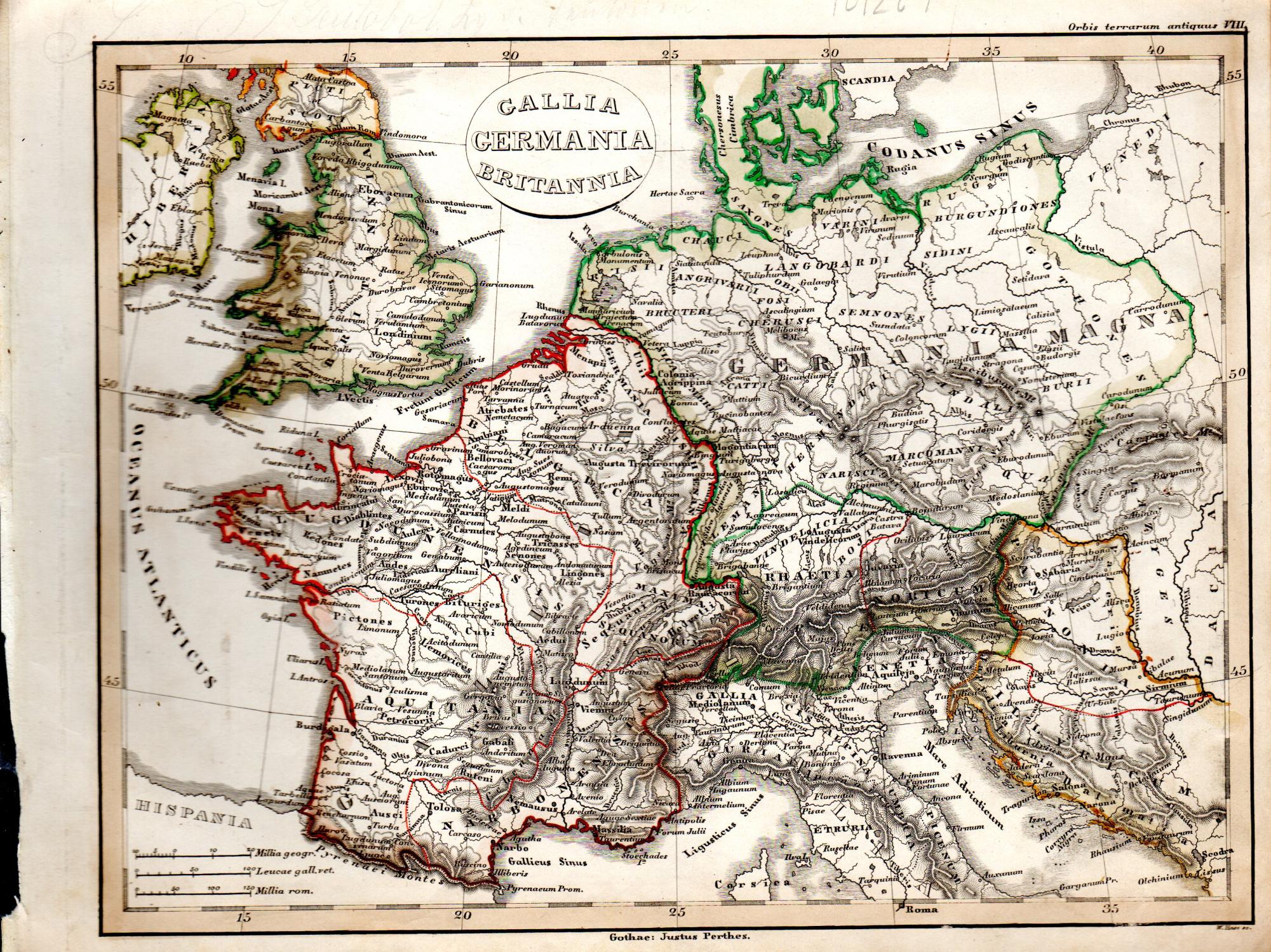 MAP: "Gallia, Germania, Britannia".from Orbis Terrarum Antiquus Schul ...