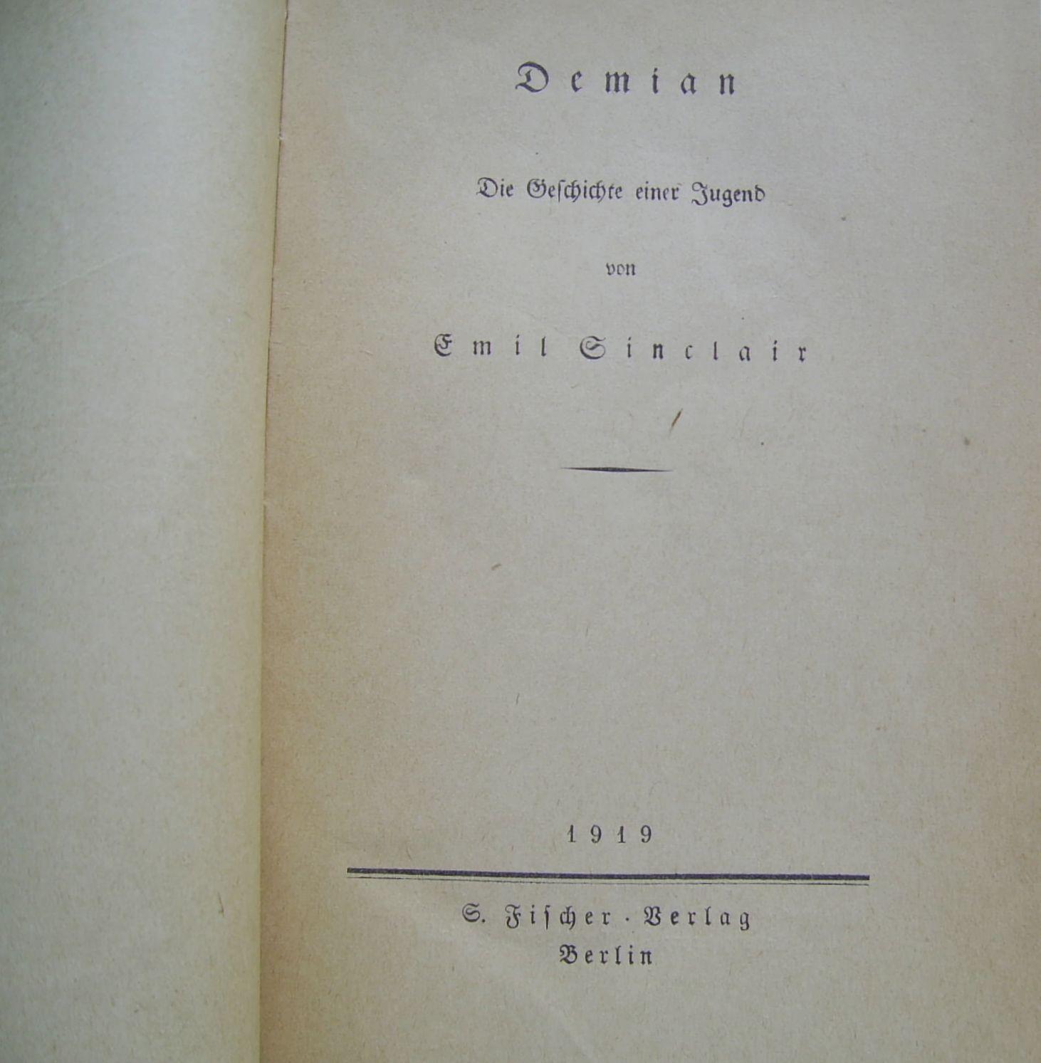 Demian de Emil Sinclair (Hermann Hesse): Sehr gut Softcover (1919) 1 ...