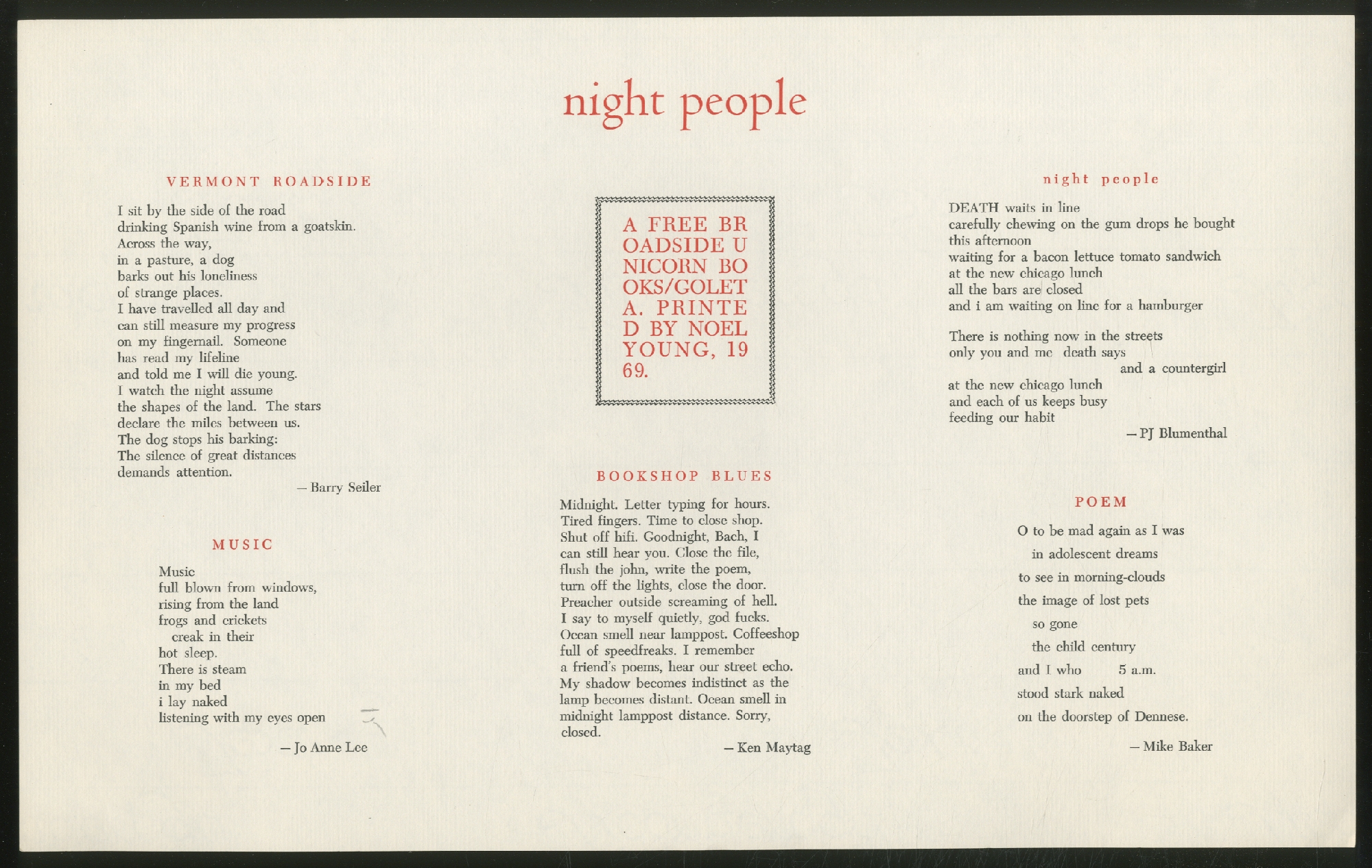 [Broadside]: Night People von (SEILER, Barry, Jo Anne Lee, Ken Maytag ...