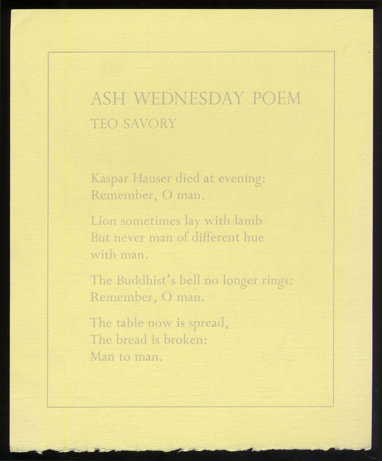 [Broadside]: Ash Wednesday Poem von SAVORY, Teo: Fine Softcover ...