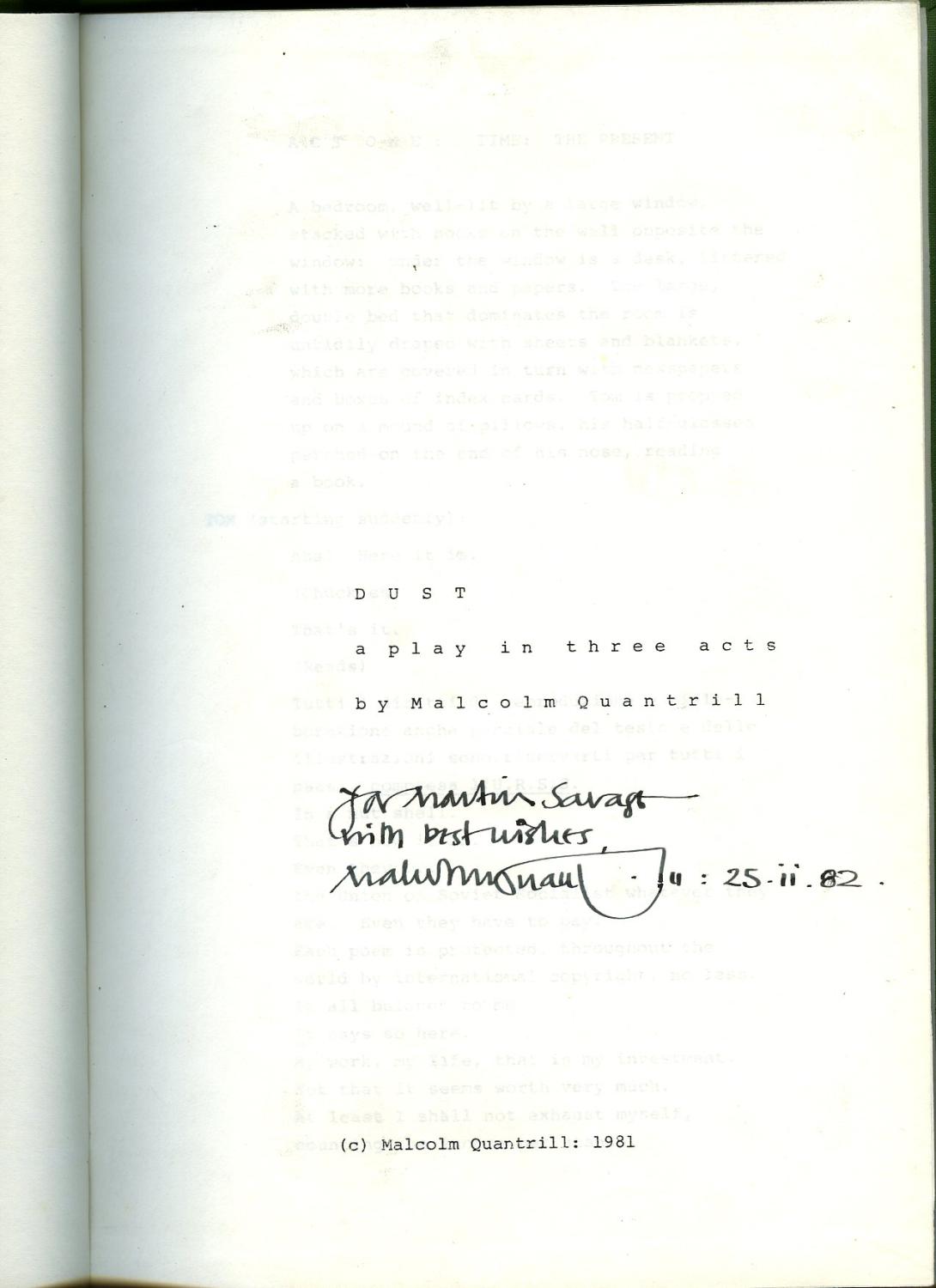 Dust; A Play in Three Acts [Signed] by Quantrill, Malcolm (25 May 1931 ...