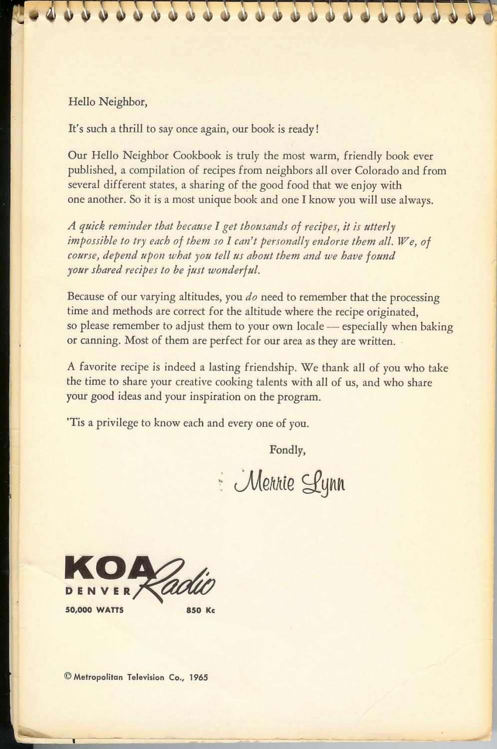 Hello Neighbor Cook Book 1965 by Lynn, Merrie: Good Trade Paperback ...