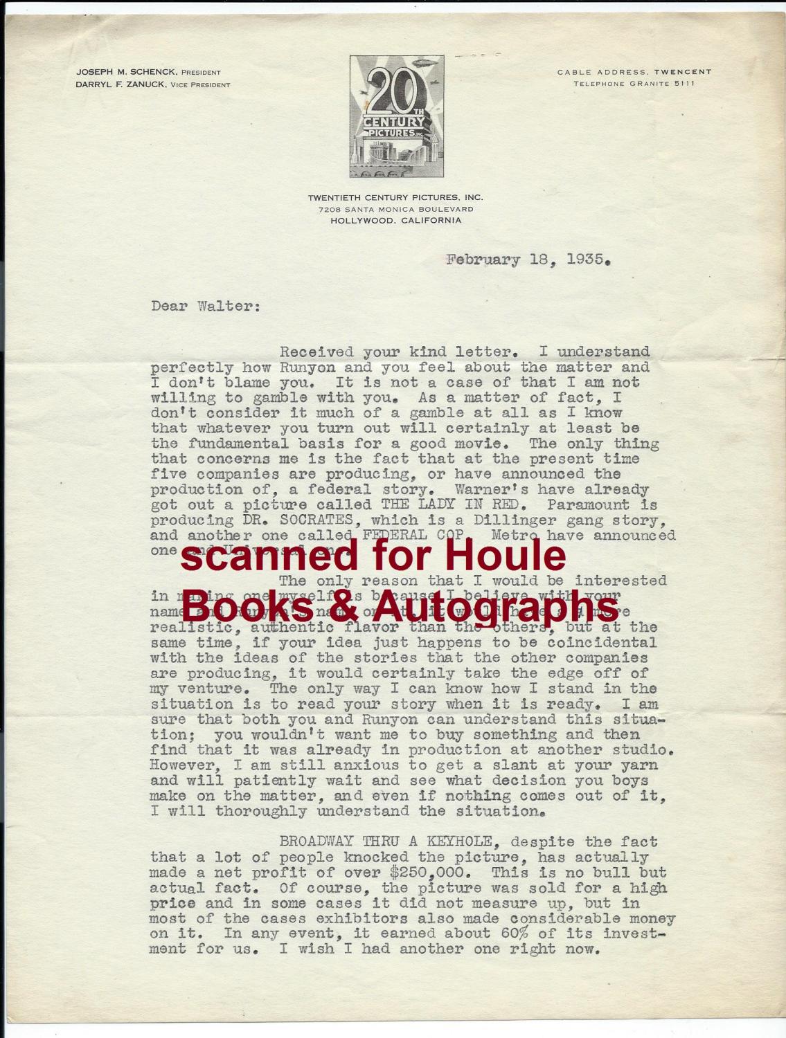 TYPED LETTER SIGNED by ZANUCK, DARRYL F: (1935) Signed by Author(s ...