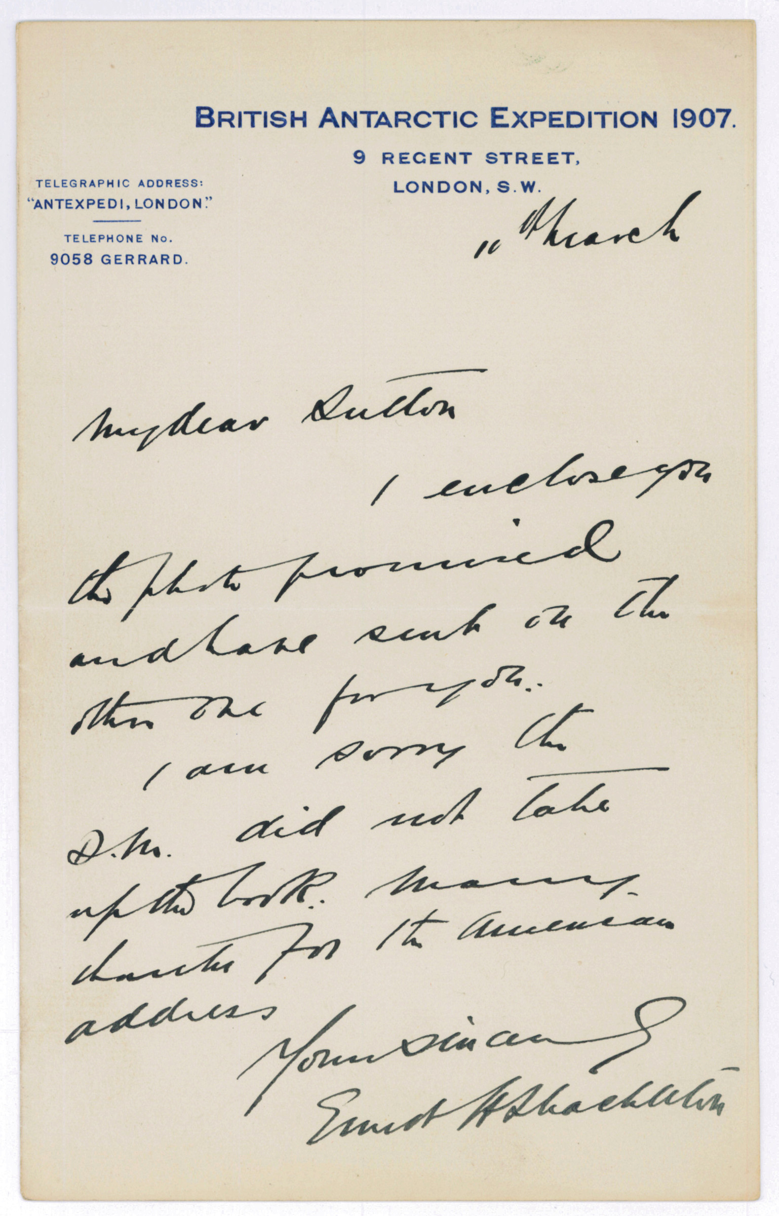 Autograph letter signed ("Ernest H. Shackleton"). by Shackleton, Sir ...