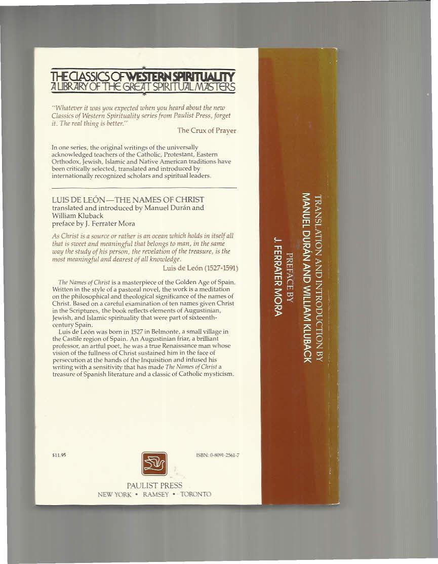 THE NAMES OF CHRIST. Translation And Introduction By Manuel Duran And ...