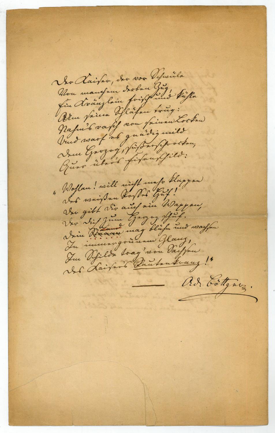Eigenh. Gedicht mit U. von Böttger, Adolf, Schriftsteller (1815-1870).: Manuskript ...