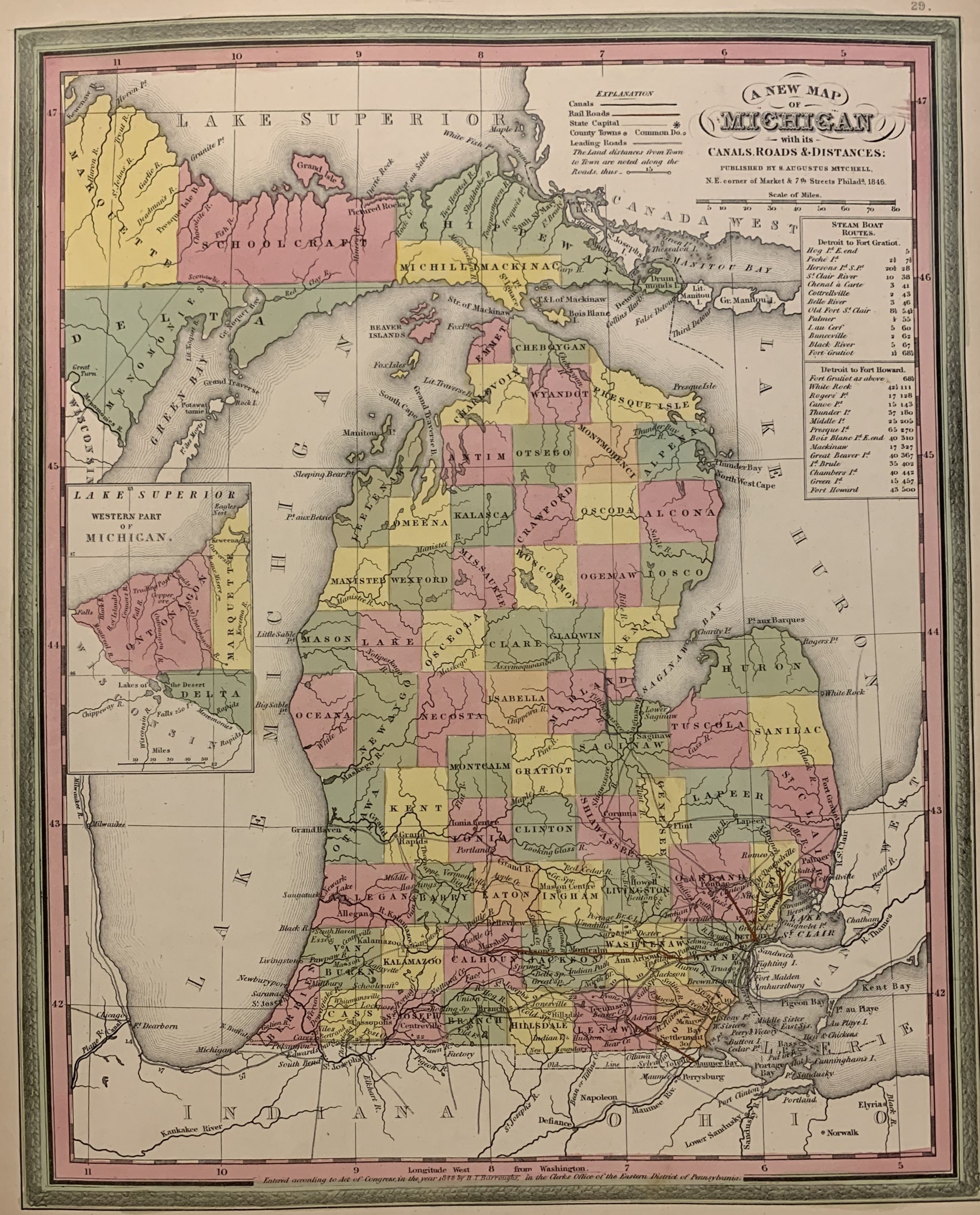 A New Map of Michigan with its Canals, Roads & Distances von MITCHELL ...
