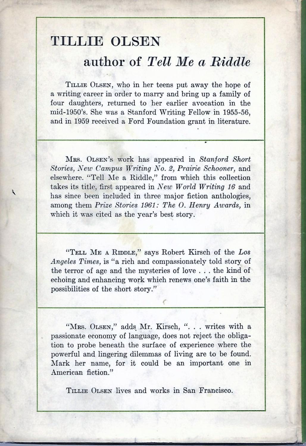 Tell Me a Riddle by Olsen, Tillie: Very Good+ Hardcover (1961) First ...