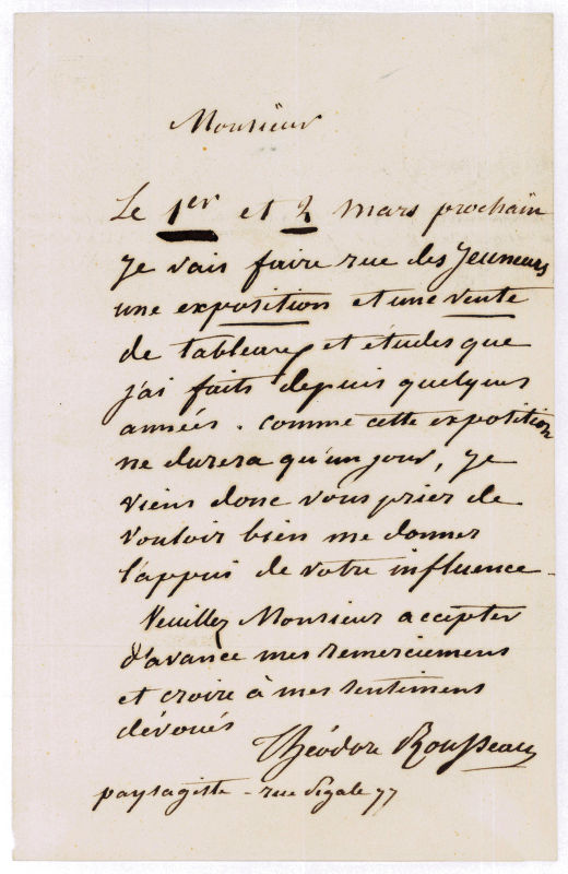 Autograph letter signed. by Rousseau, Théodore, French painter of the ...