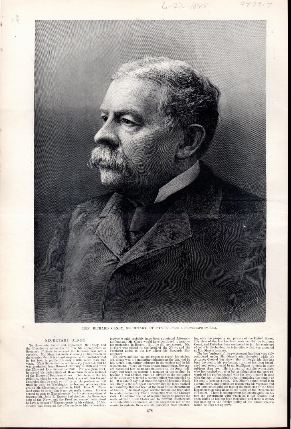 ENGRAVING: "Secretary Richard Olney" .text & Engraved portrait from ...