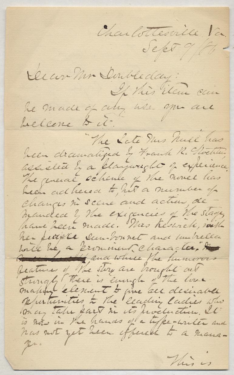 Autograph Letter Signed to Frank Nelson Doubleday by STOCKTON, Frank R ...