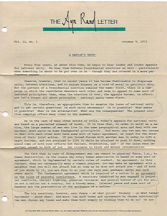 The Ayn Rand Letter Vol. II, No. 1 through Vol. II, No. 26 by Rand, Ayn ...