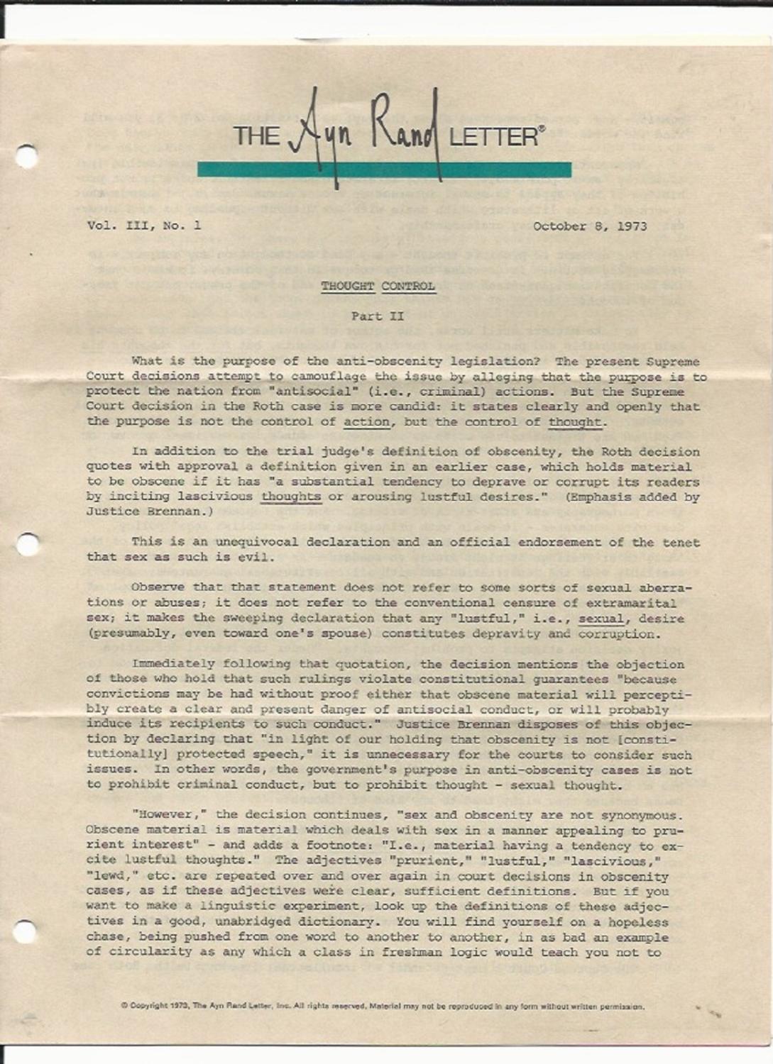 The Ayn Rand Letter Vol. III, No. 1 through Vol. III, No. 26 by Rand ...