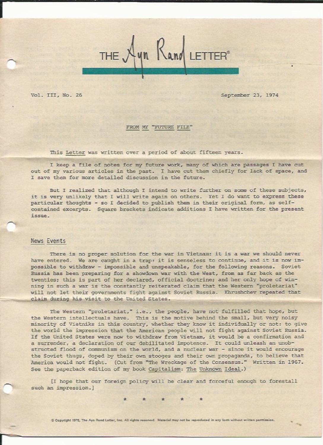 The Ayn Rand Letter Vol. III, No. 1 through Vol. III, No. 26 by Rand ...