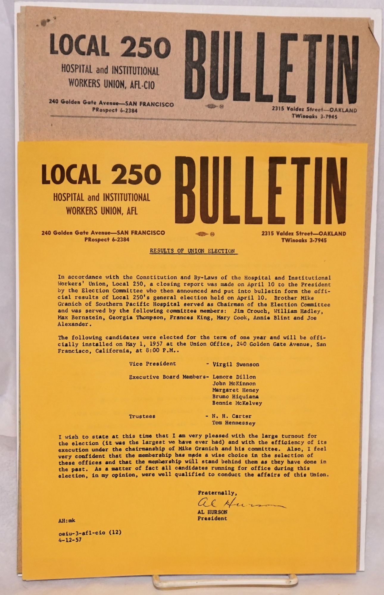 Local 250 Hospital and Institutional Workers Union, AFL Bulletin [four ...
