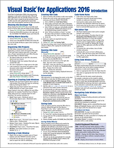 Visual Basic For Applications Vba 2016 Introduction Quick Reference Guide Windows Version